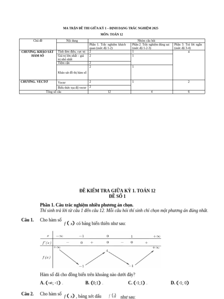10 de Kiem Tra Giua Hoc Ky 1 Mon Toan 12 Dinh Dang Trac Nghiem 2025 Trang | PDF