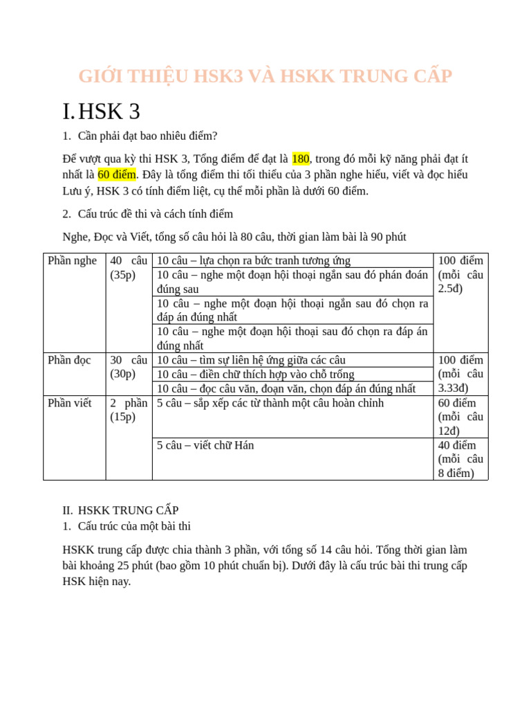 GIỚI THIỆU HSK3 VÀ HSKK TRUNG CẤP | PDF
