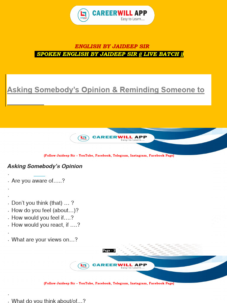 Asking Somebody's Opinion & Reminding Someone To Do Things: English by ...
