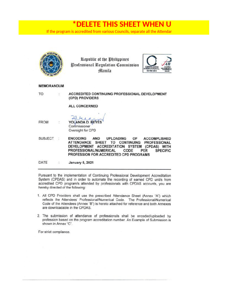 Excel Attendance Sheet For CPDAS (Used For Uploading in The CPDAS) - v2 ...