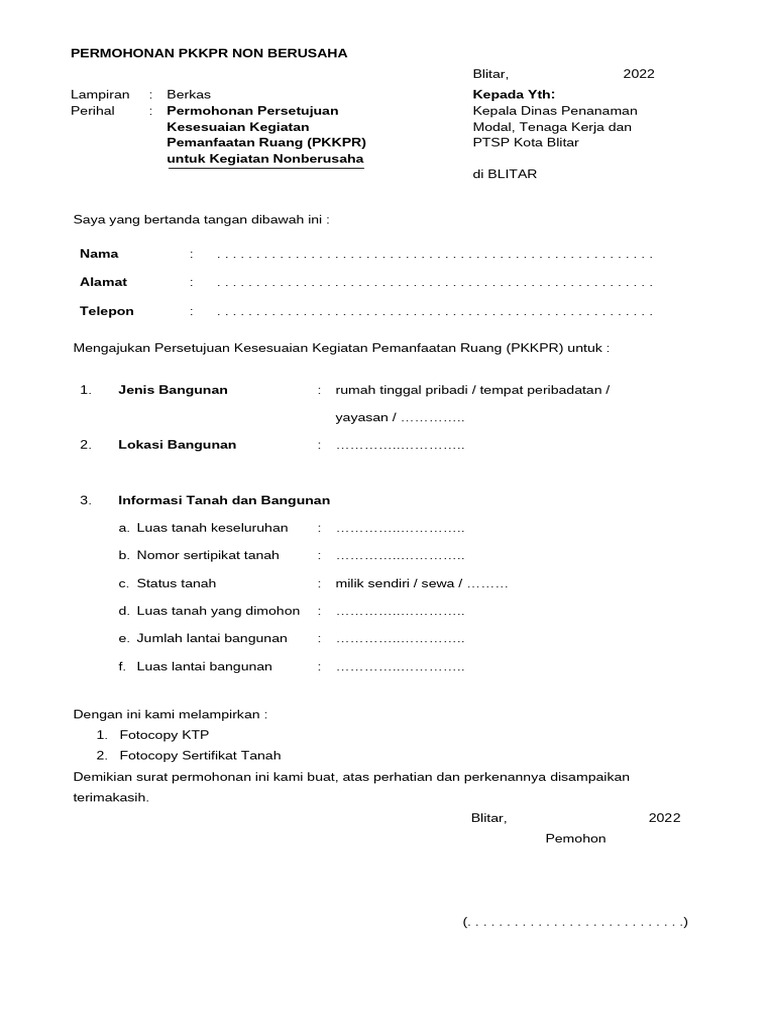 Surat Permohonan PKKPR NON BERUSAHA | PDF