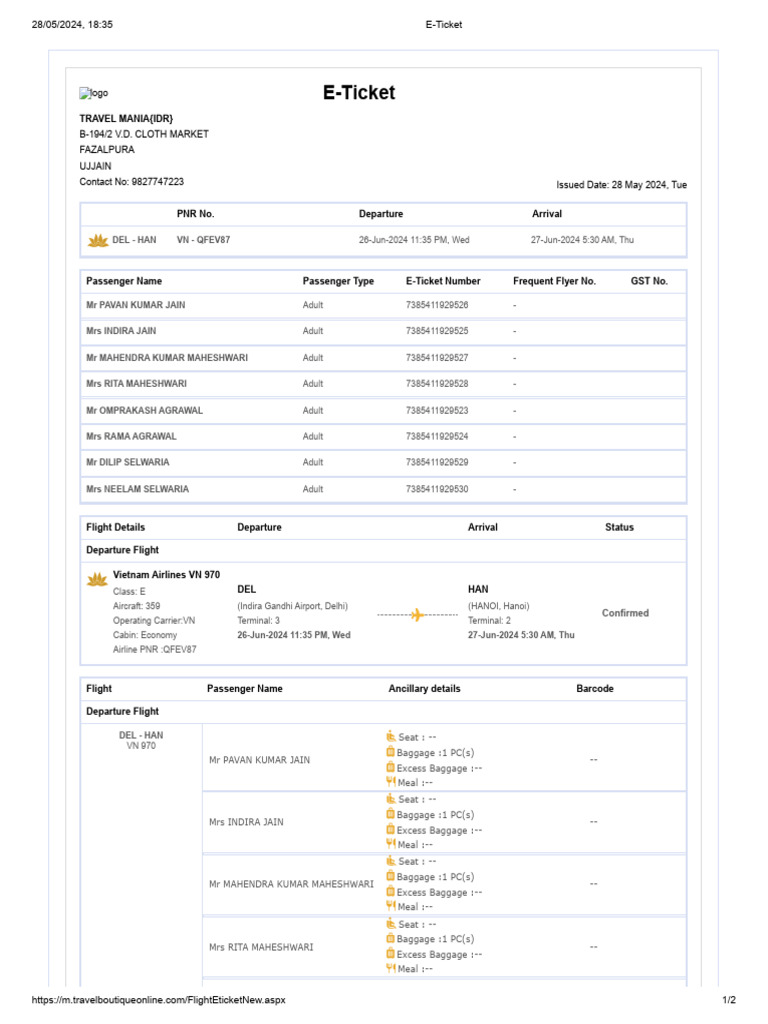 MR Pavan Kumar DEL-HAN 8 Pax VN | PDF | Airlines | Aviation