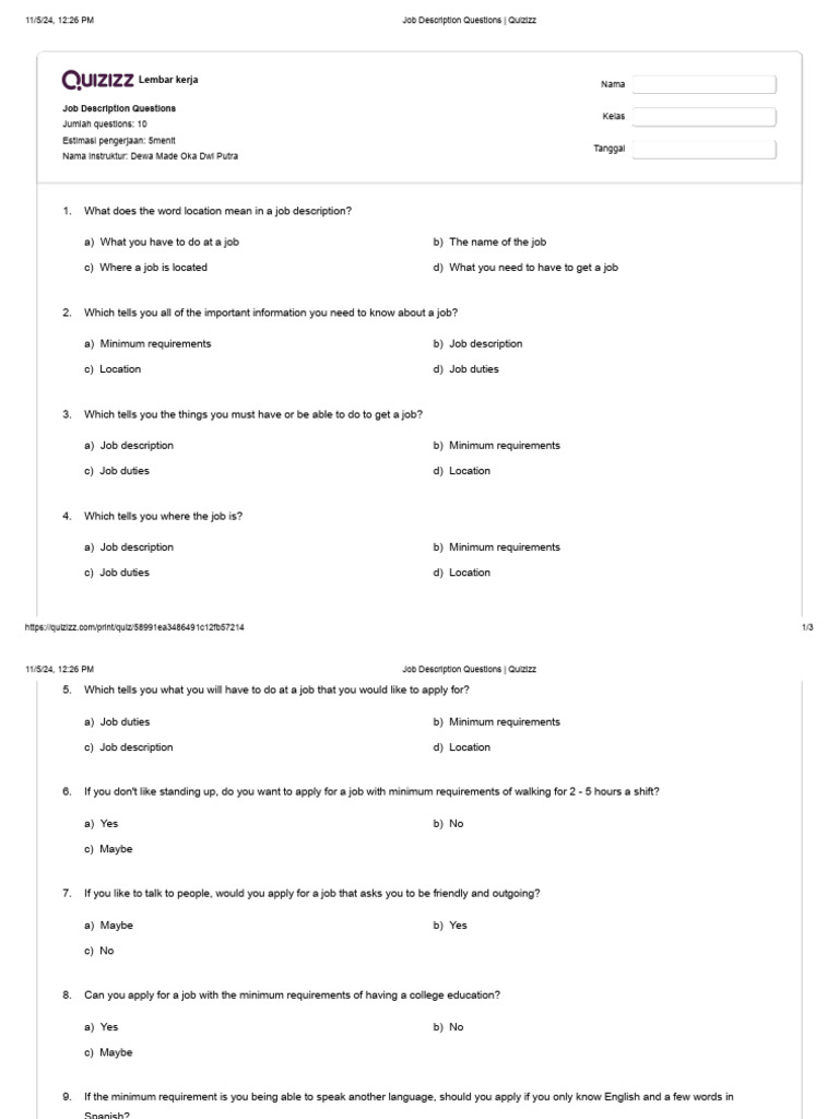 Job Description Quiz: 10 Essential Questions | PDF