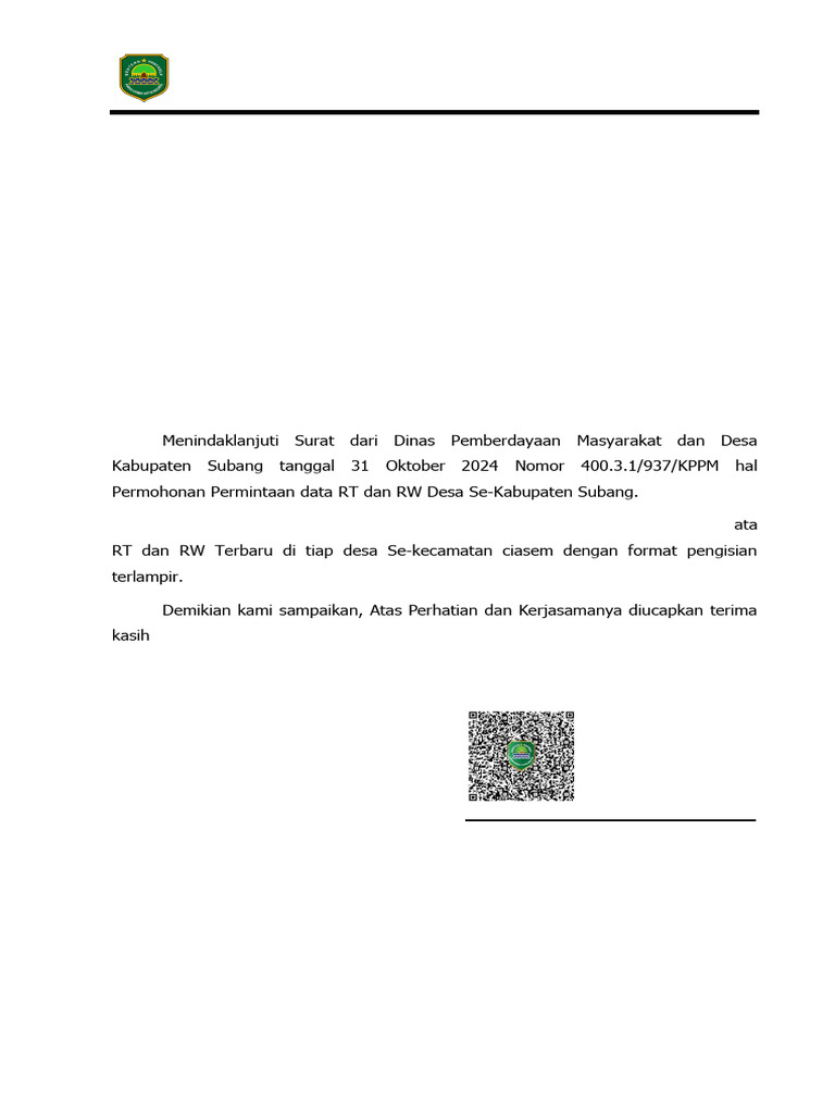 Surat Permintaan Data RT Dan RW Desa Se-Kecamatan Ciasem | PDF | Griya & Taman