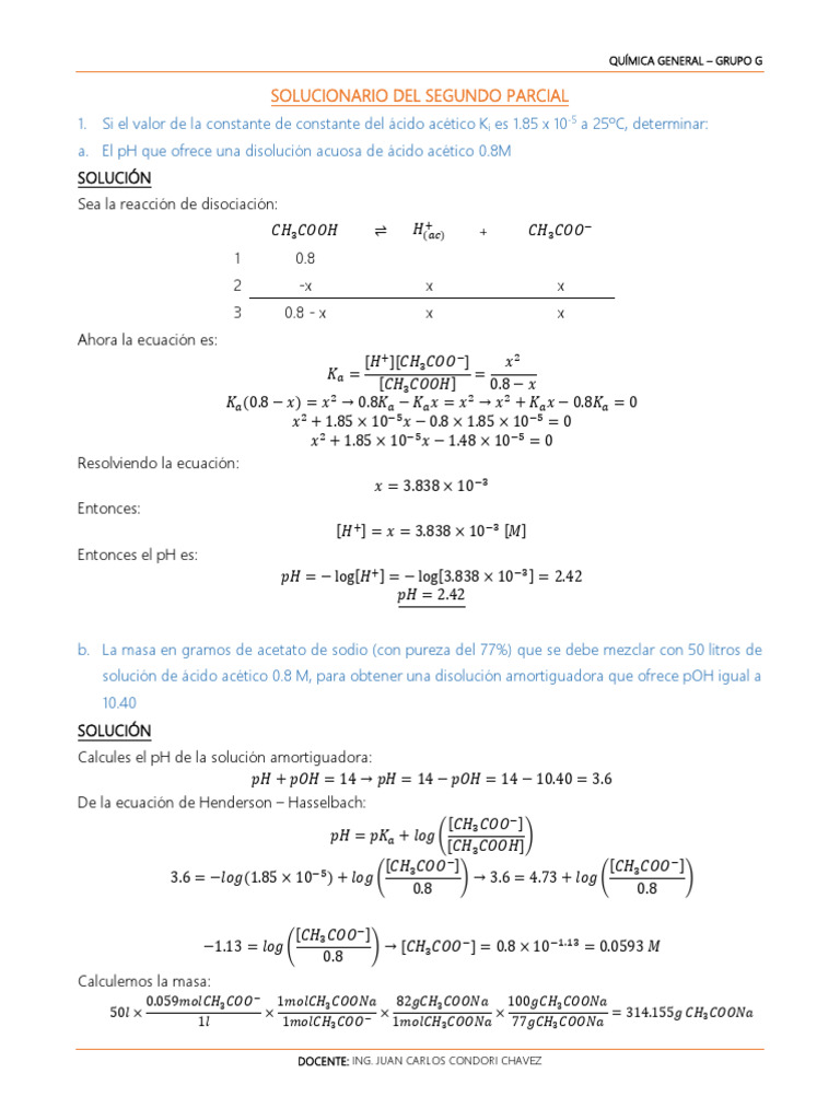 Solucionario Del 2do Parcial | PDF | Equilibrio químico | Ph