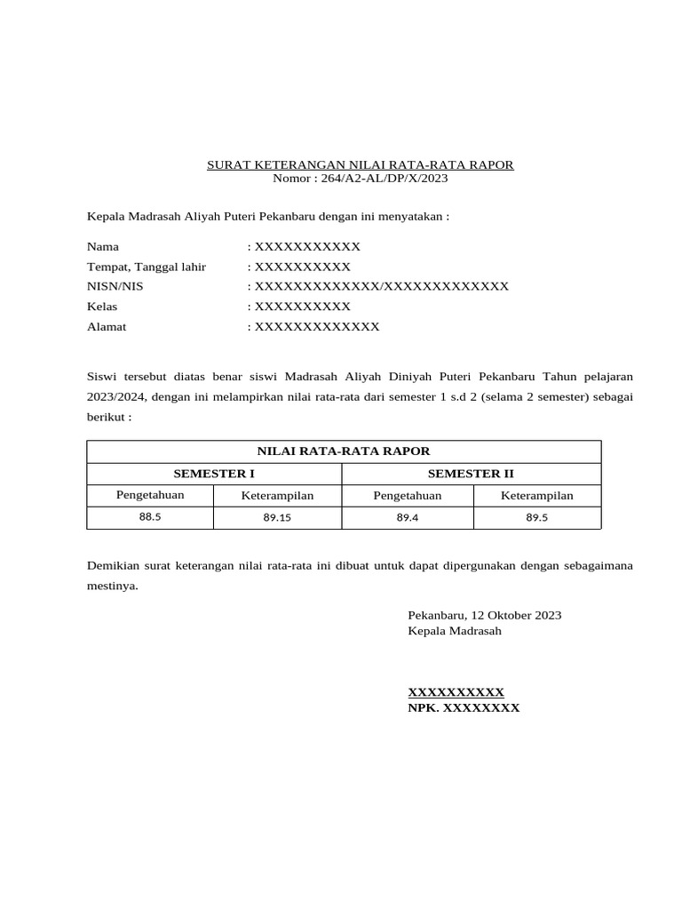 Surat Keterangan Nilai Rata-Rata | PDF