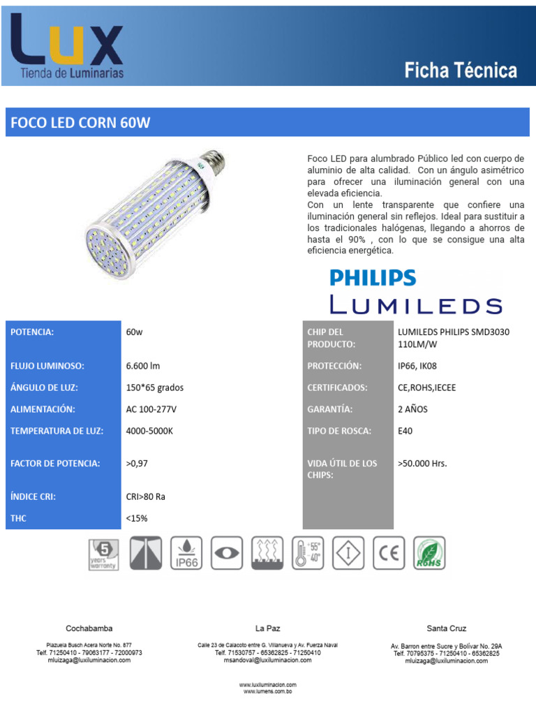 Foco LED CORN 60w | PDF | Diodo emisor de luz | Ingenieria Eléctrica