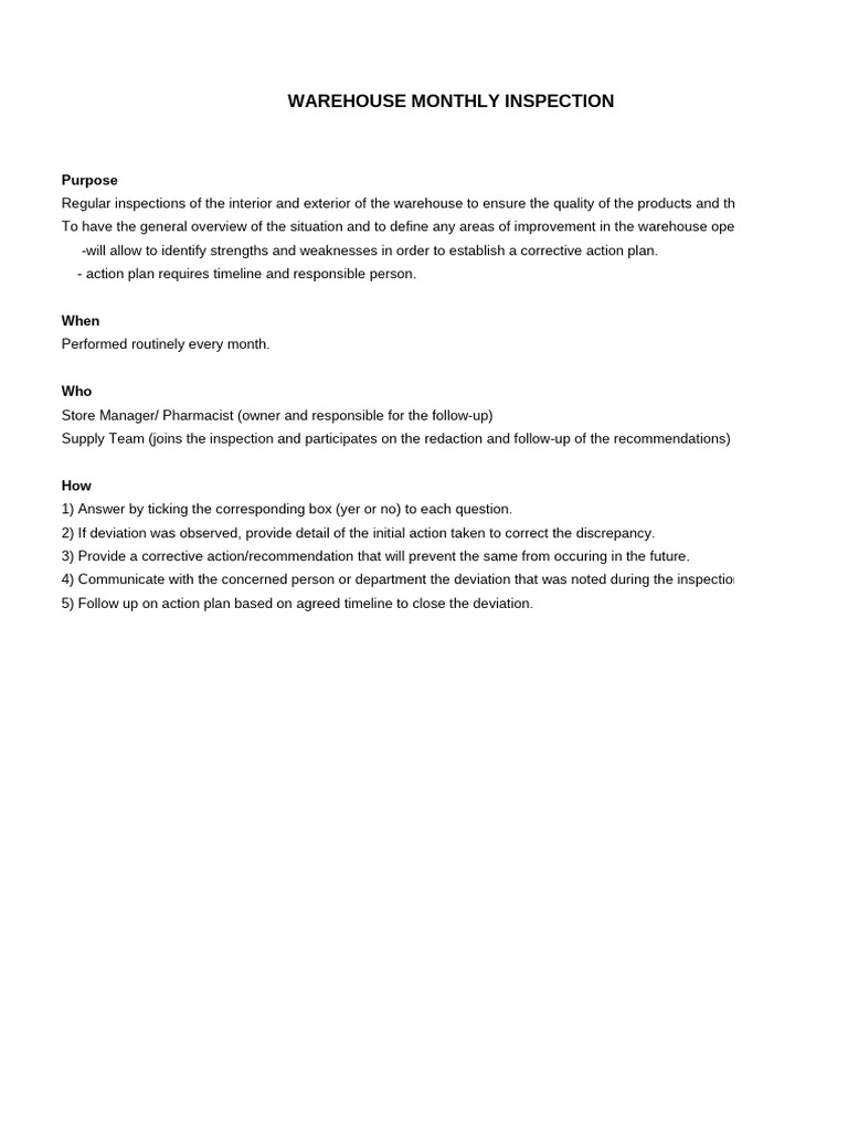 Annex 15 Warehouse Operations Routine Checklist | PDF | Warehouse | Pallet