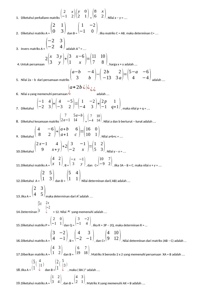 Latihan Soal Matriks Pra Ulangan | PDF | Metode & Bahan Ajar