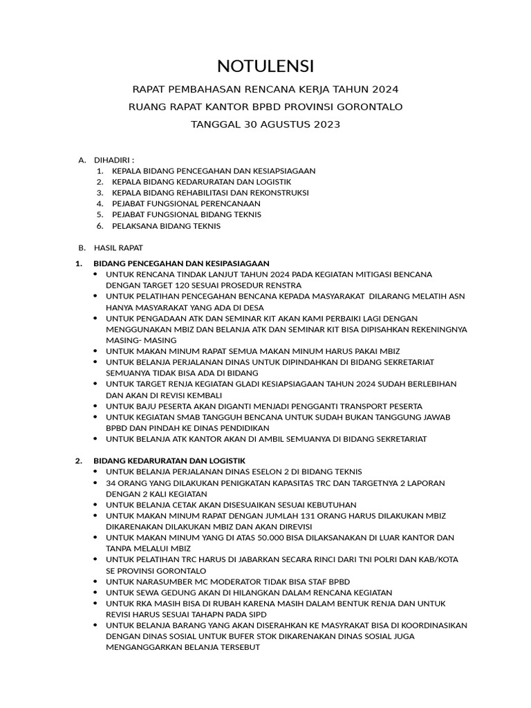 Notulensi Rapat Internal Rka 30 Agustus 2023 | PDF