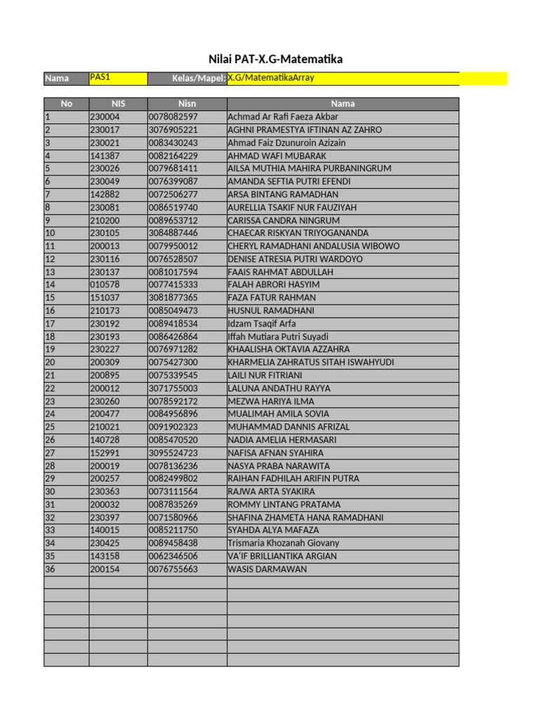 Nilai PAT-X.G-Matematika | PDF