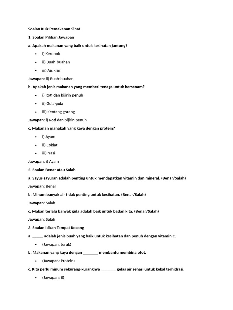 Soalan Kuiz Pemakanan Sihat | PDF | Memasak, Makanan, & Anggur ...