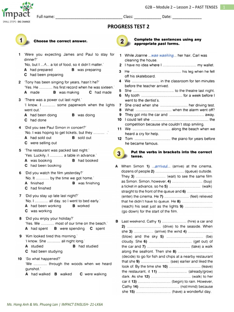 08. Progress Test 2 w KEY | PDF | Syntax | Grammar