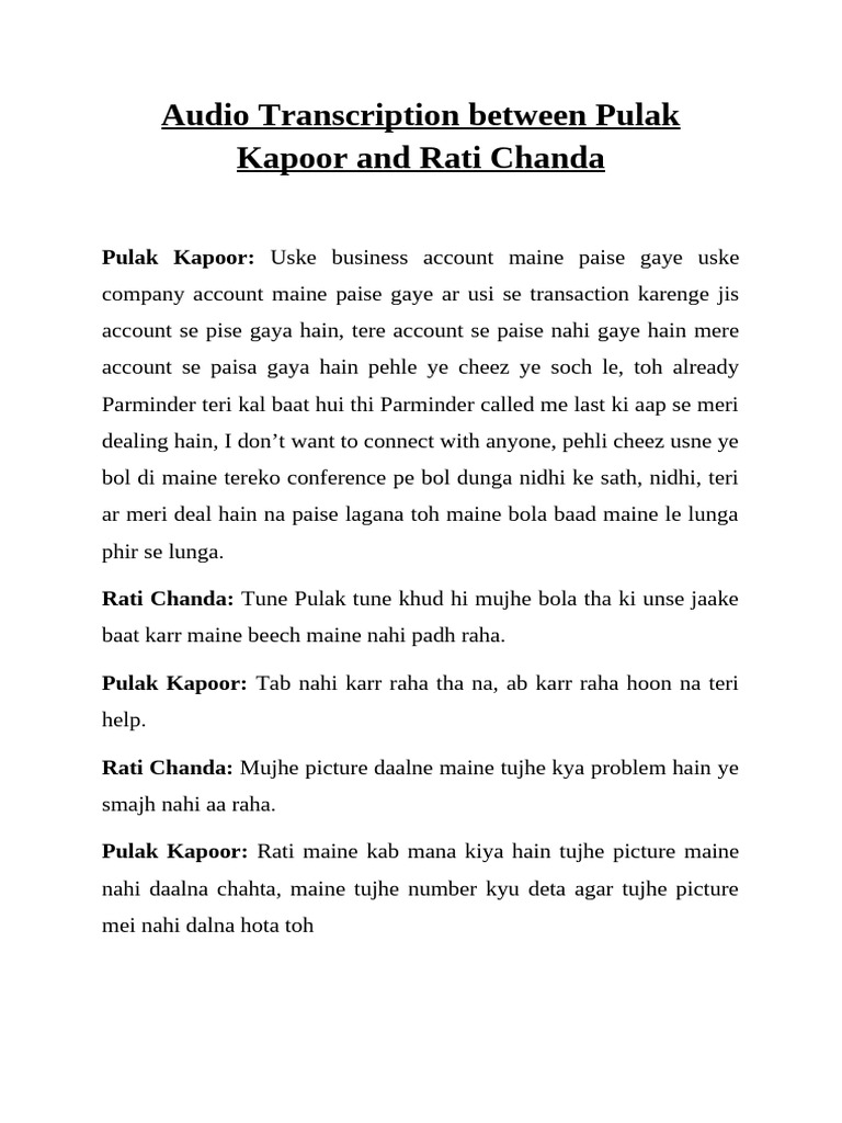 Audio Transcription Between Pulak Kapoor and Rati Chanda (16.12.2020 ...