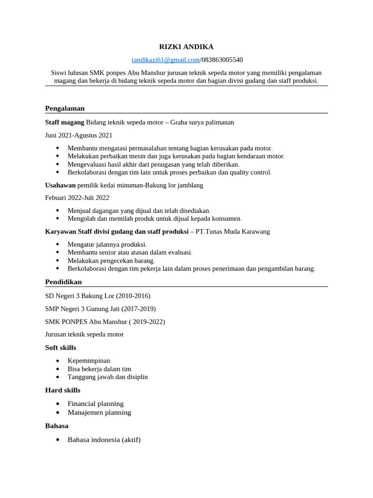 CV Ats RIZKI | PDF | Bisnis