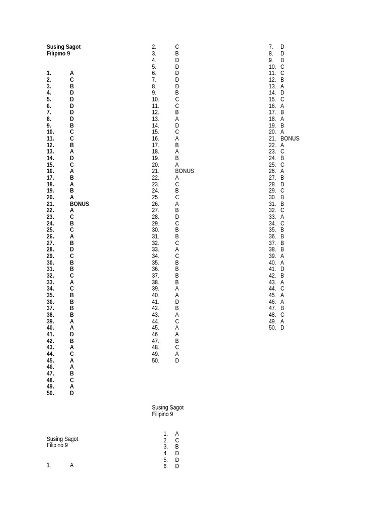Filipino 9-Susing Sagot | PDF