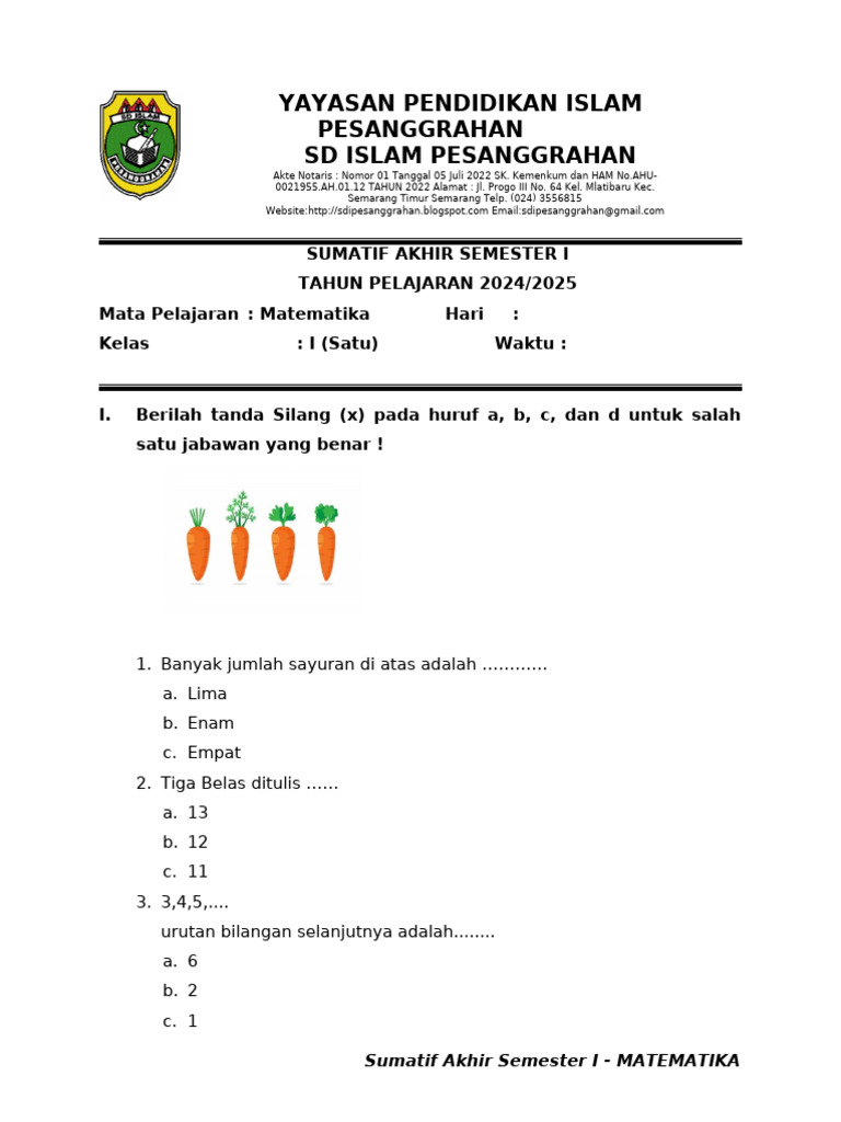 PAS Matematika Kelas 1 smt1 | PDF