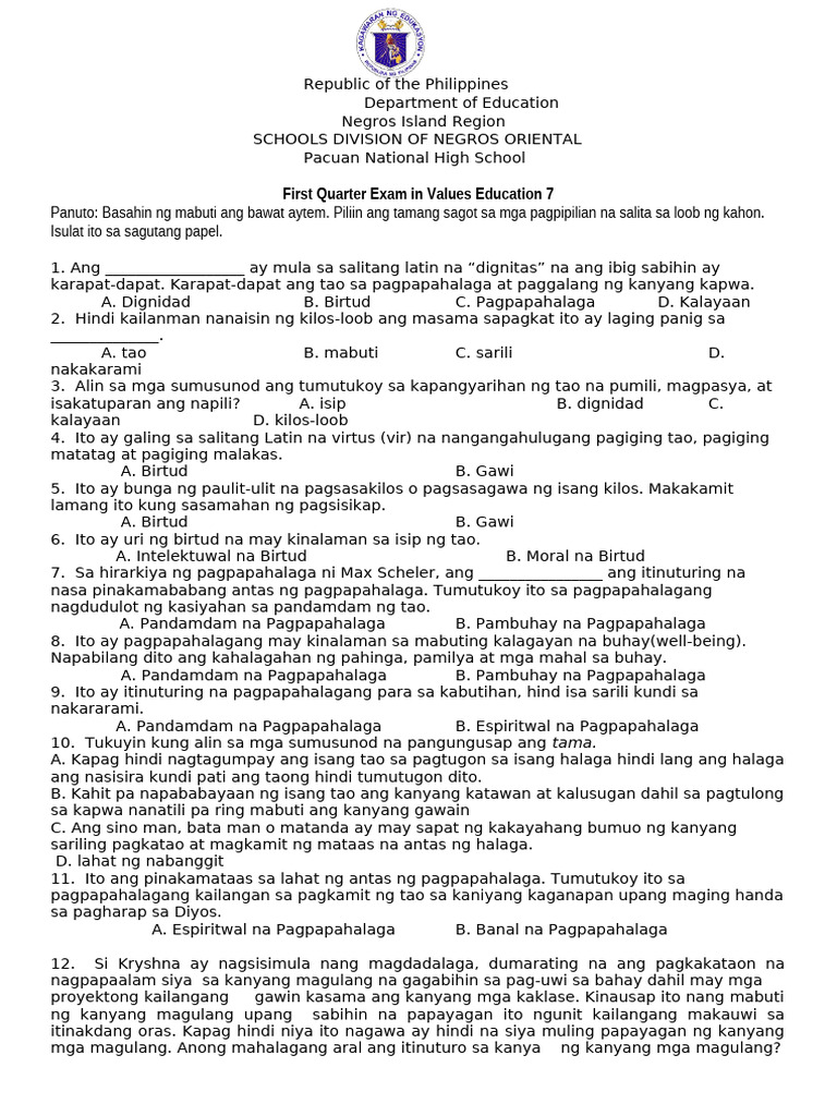 ESP 7 Unang Markahan | PDF