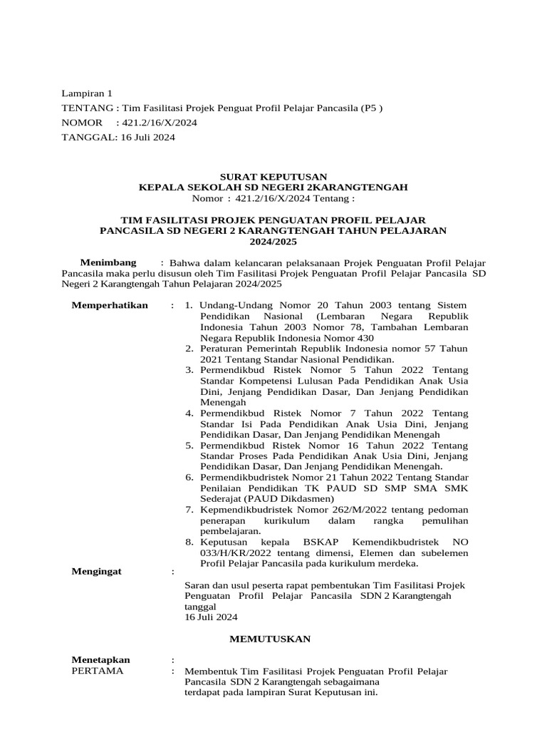 Tim Fasilitasi P5 SDN 2 Karangtengah 2024 | PDF | Karier & Perkembangan