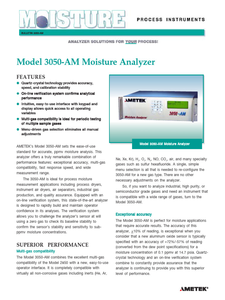 Ametek 3050-AM Moisture Analyzer Overview | PDF | Gases | Sensor