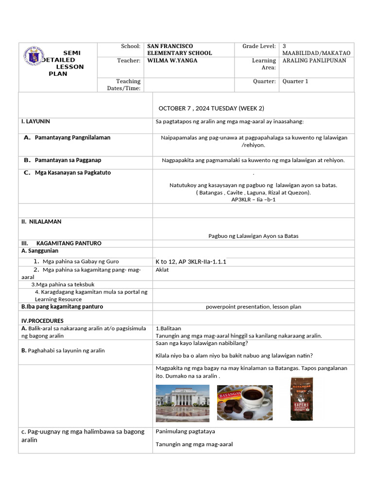 Q2w2d1semi Detailed Lesson Plan Ap 5 | PDF