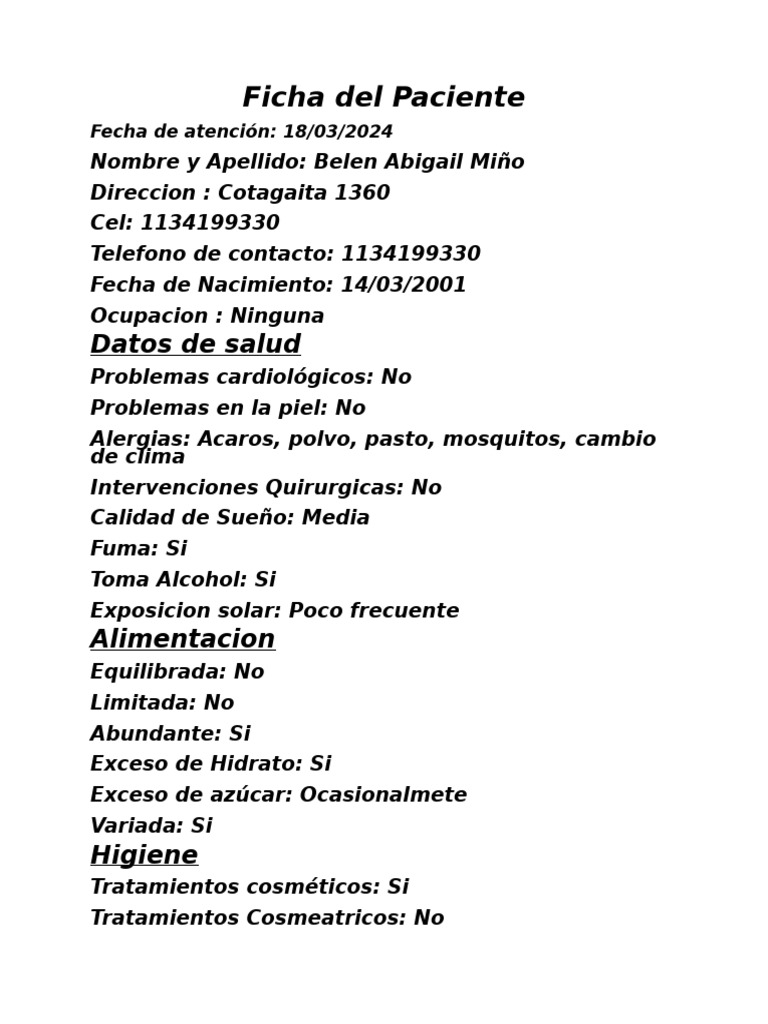 Ficha Del Paciente | PDF