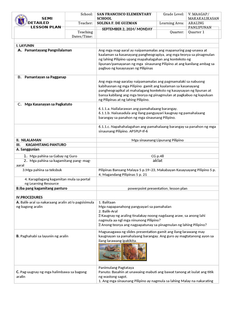 Semi Detailed Lesson Plan Ap 5 | PDF