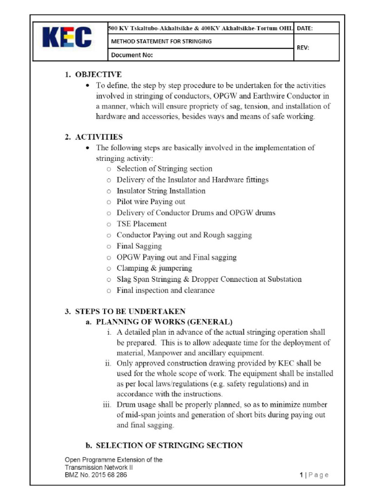 Stringing Method Statement | PDF