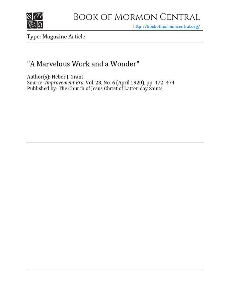 03 Ie 23.6 Heber J. Grant A Marvelous Work and A Wonder April 1920 | PDF | Prophets And ...