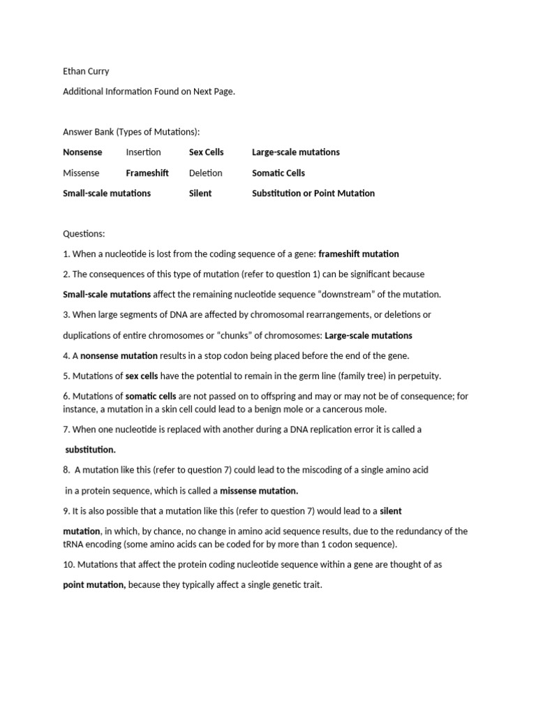 Mutations Worksheet (2) | PDF