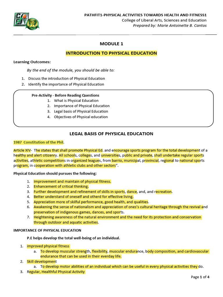 PE MODULE 1 | PDF | Physical Education | Learning