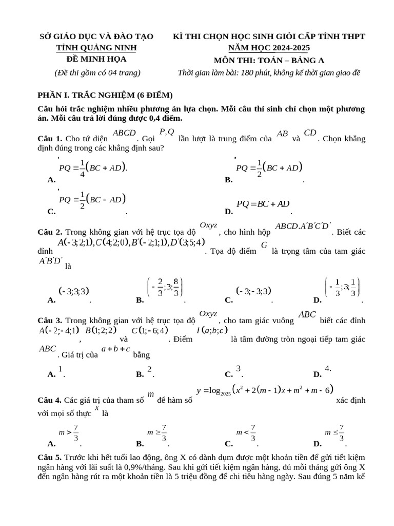 Môn Toán - Đề minh họa + HDC bảng A HSG THPT cấp tỉnh | PDF