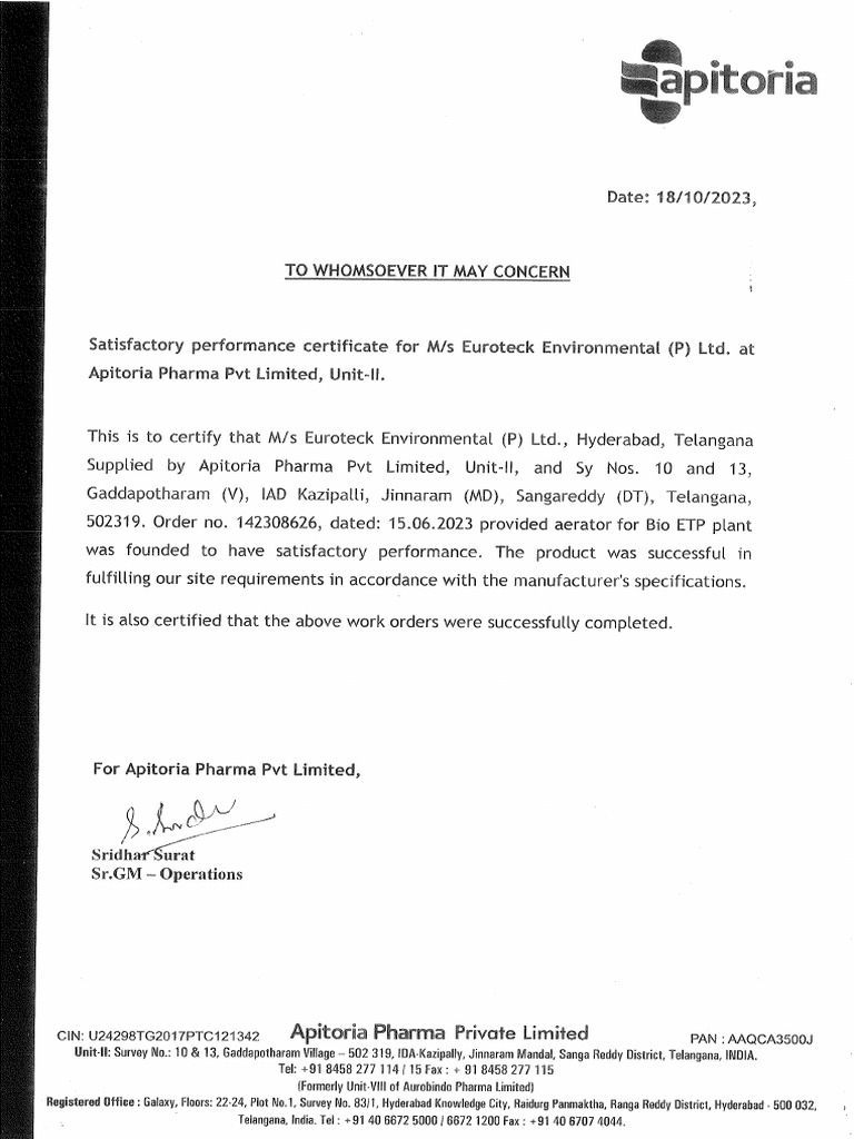 Performance Certificate Aurobindo Pharma Unit 8 PC | PDF