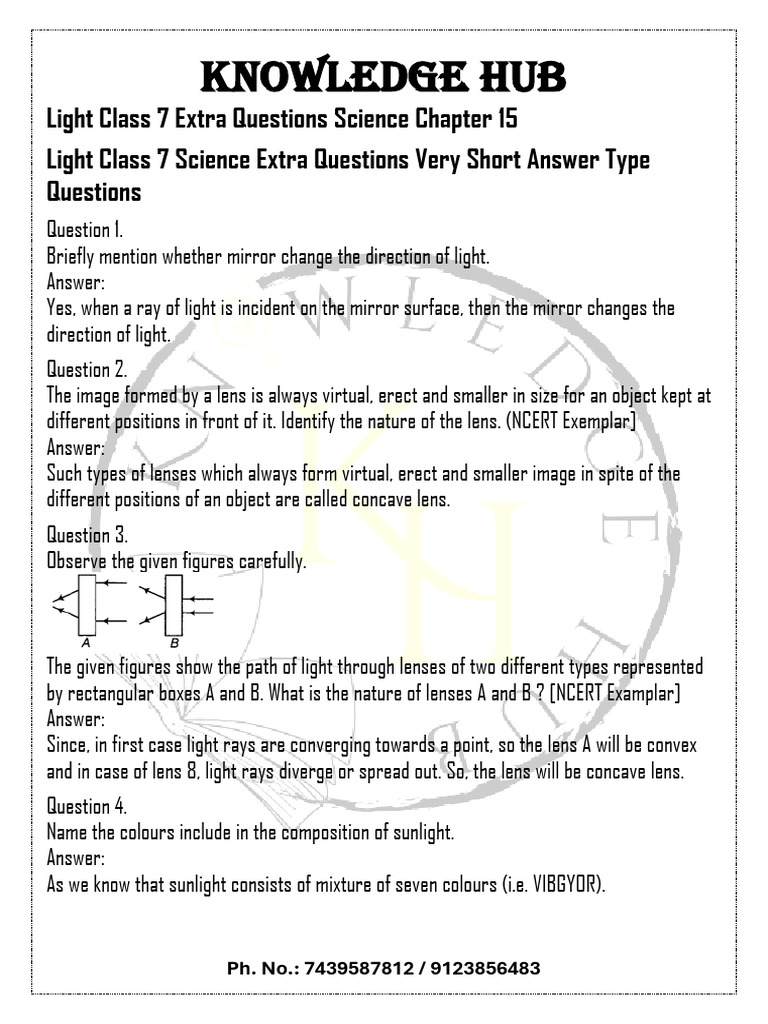 Light Class 7 Extra Questions Science Chapter 15 | PDF | Mirror | Glass Engineering And Science