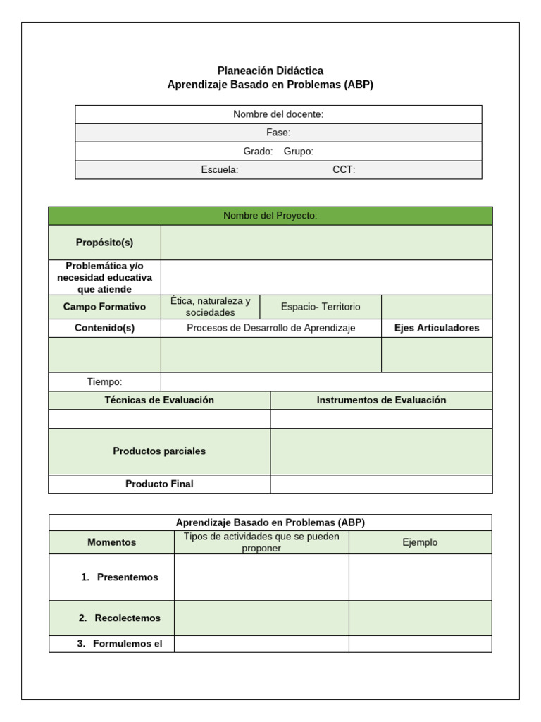 Formato Planeación Aprendizaje Basado Problemas | PDF