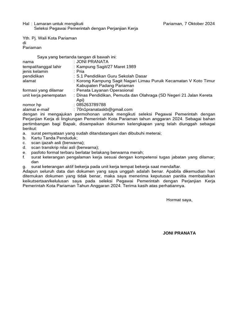 Contoh Surat Lamaran Dan Surat Pernyataan PPPK-1 | PDF