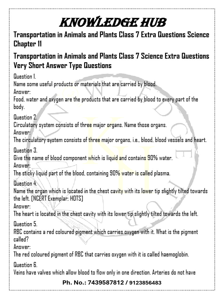 Class 7 Transportation Extra Questions | PDF | Heart | Artery