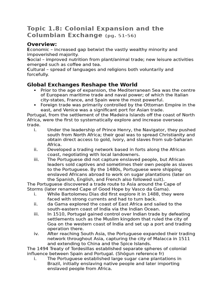 Colonial Expansion and The Columbian Exchange (AP Euro AMSCO Notes ...