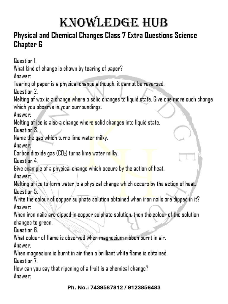 Physical and Chemical Changes Class 7 Extra Questions Science Chapter 6 | PDF | Rust | Sodium ...