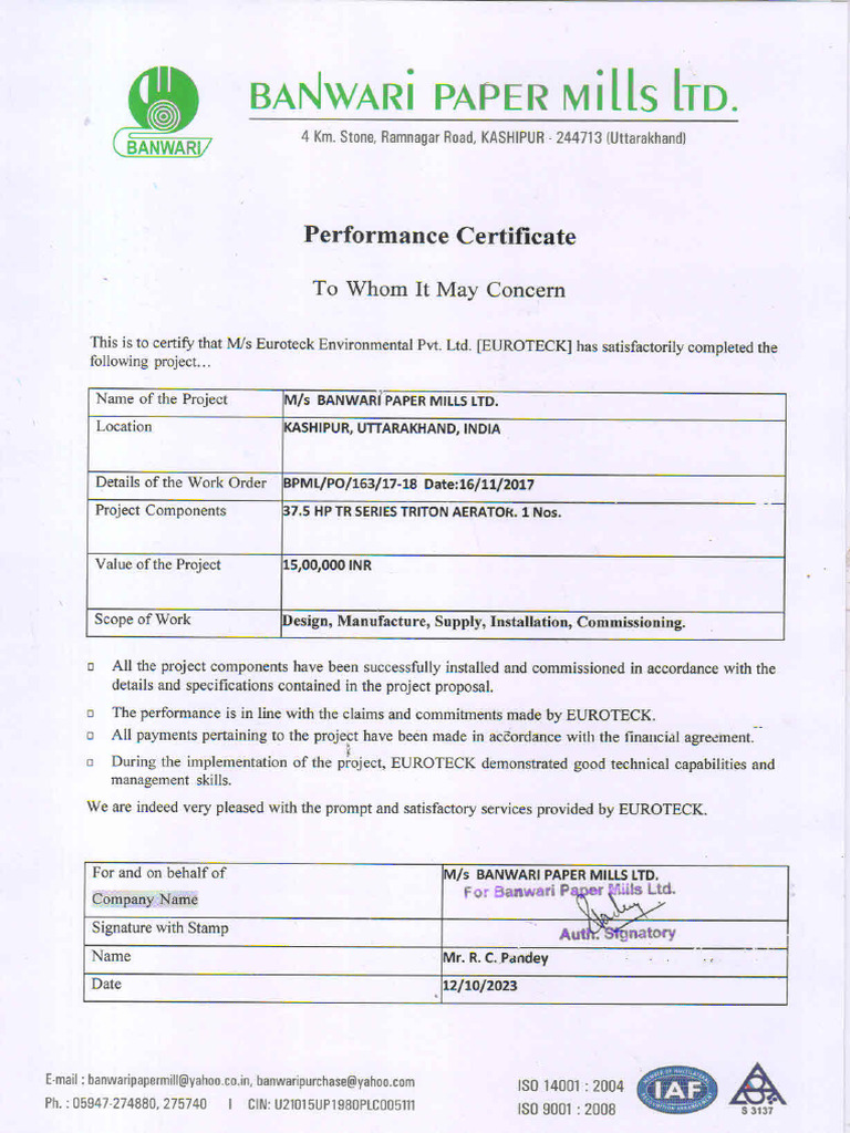 Banwari Paper Mills Performance Certificate | PDF