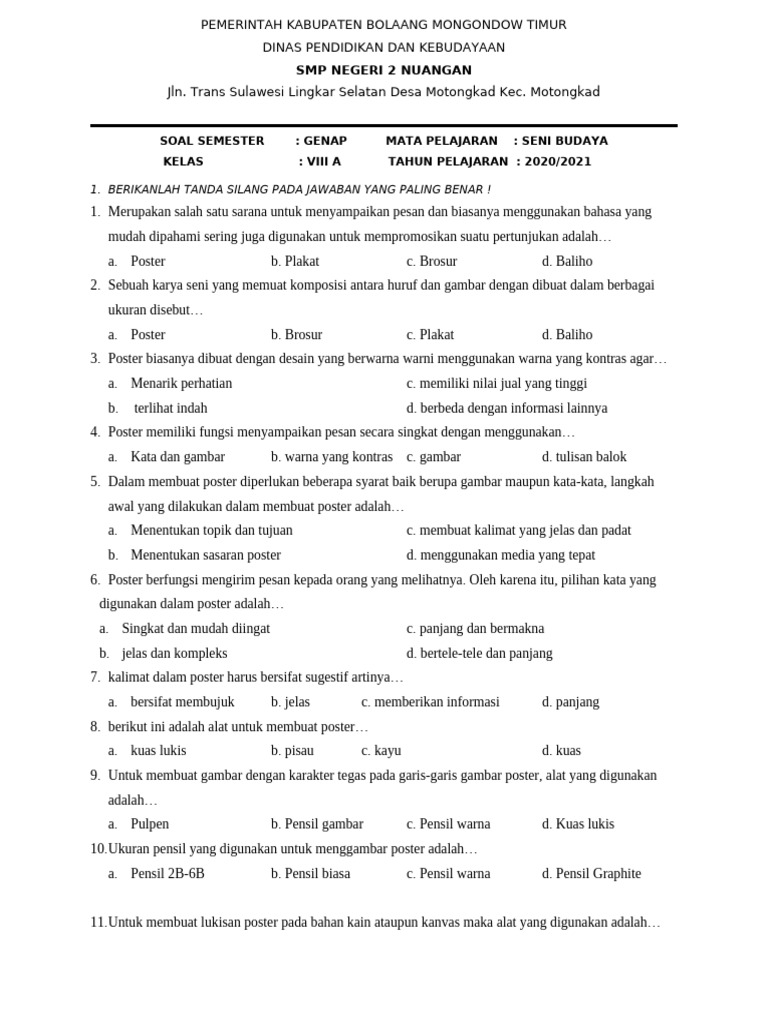 Soal Seni Budaya Kelas VIII A | PDF