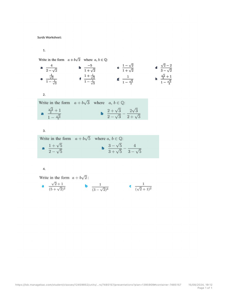 Surds Worksheet | PDF
