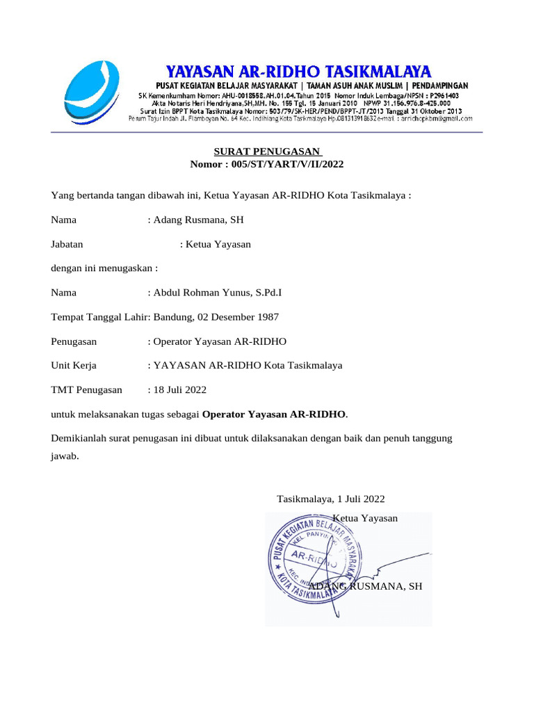 SURAT PENUGASAN OP Yayasan AR-Ridho | PDF