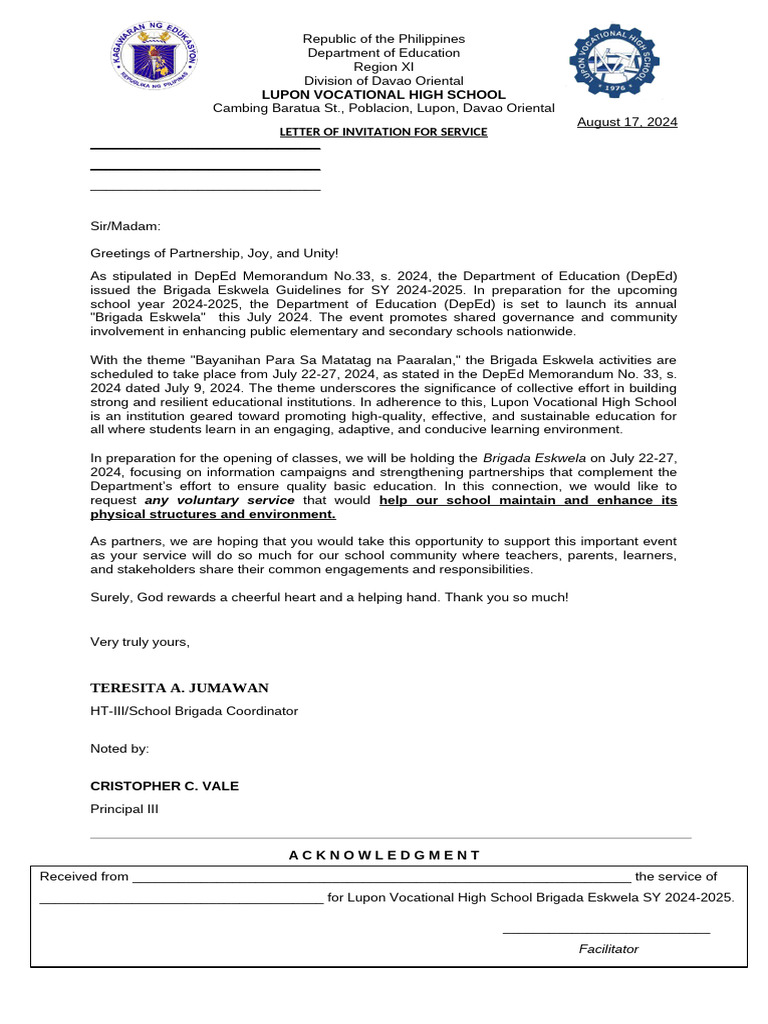 Brigada - Letter For Services - SY 2023-2024 | PDF | Social Science