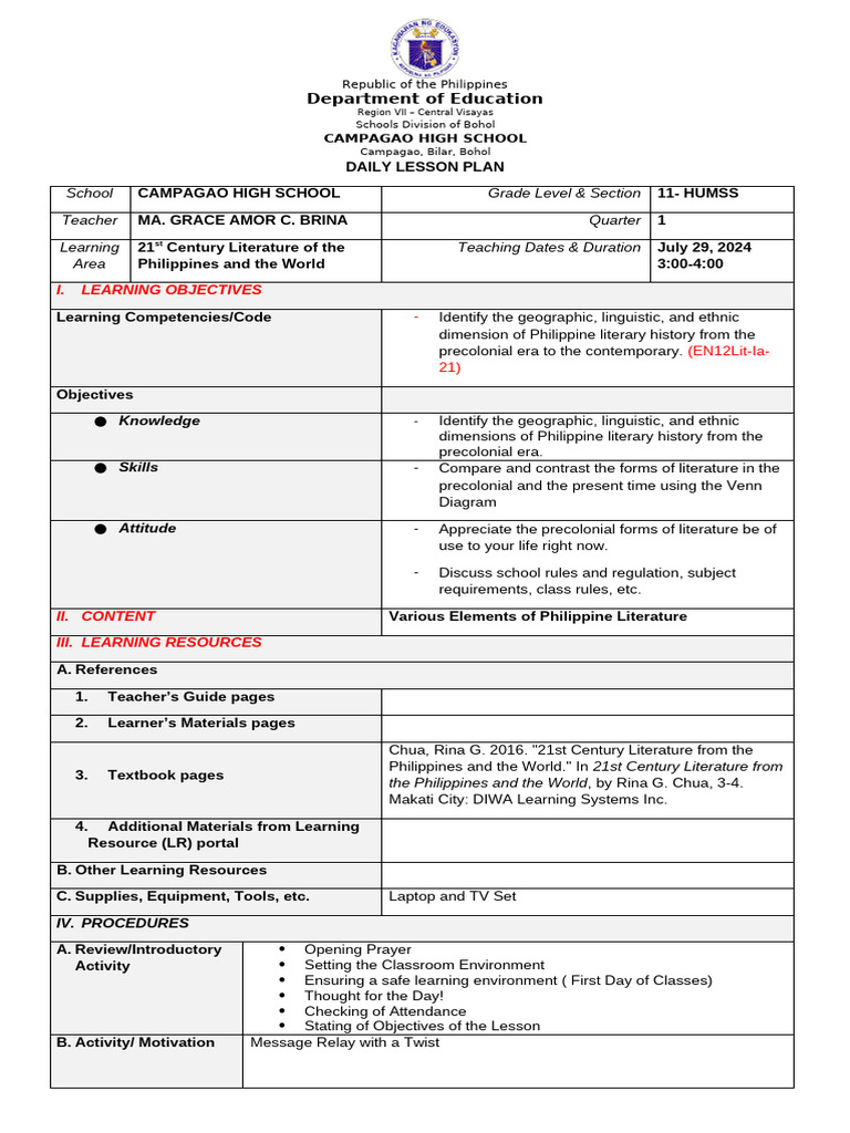 Week 1 Day 1 Pdf Learning Teachers