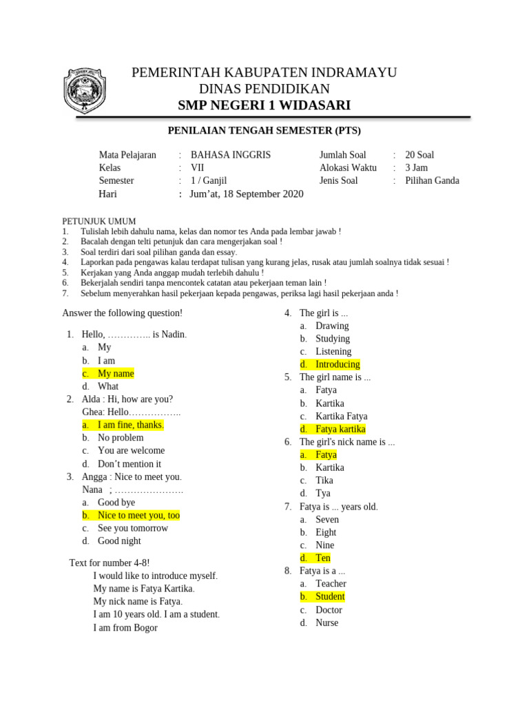 Soal Pts Eng Kls7 Sem1 202021 | PDF