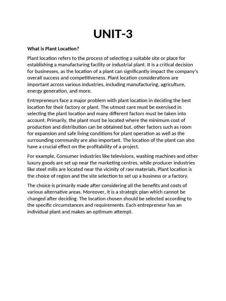Unit - 3 Plant Location | PDF | Employment | Capital (Economics)