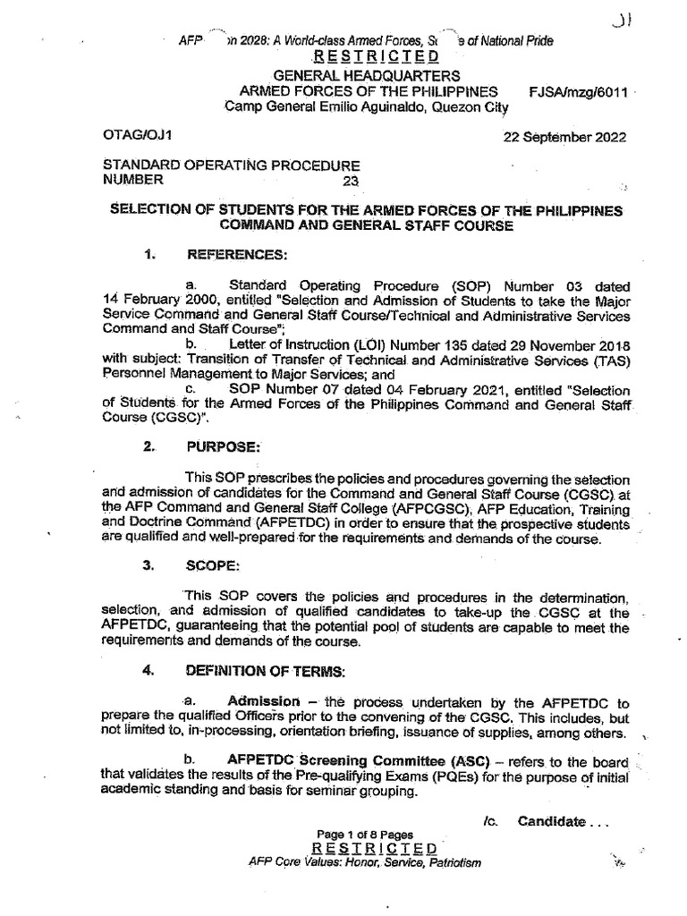 SOP NR 23, GHQ, AFP DTD 22 SEP 2022 - Selection of Students For The AFP Command and General ...