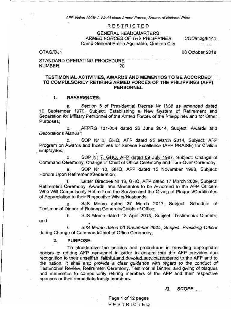 Sop NR 20 GHQ, Afp DTD 08 Oct 2018 - Testimonial Activities, Awards and ...