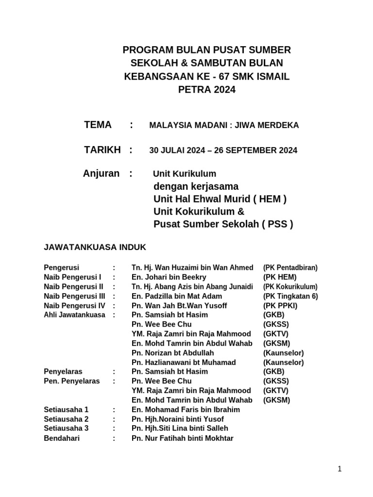 Ajk Bulan Akademik & Sambutan Bulan Kebangsaan 2024 | PDF